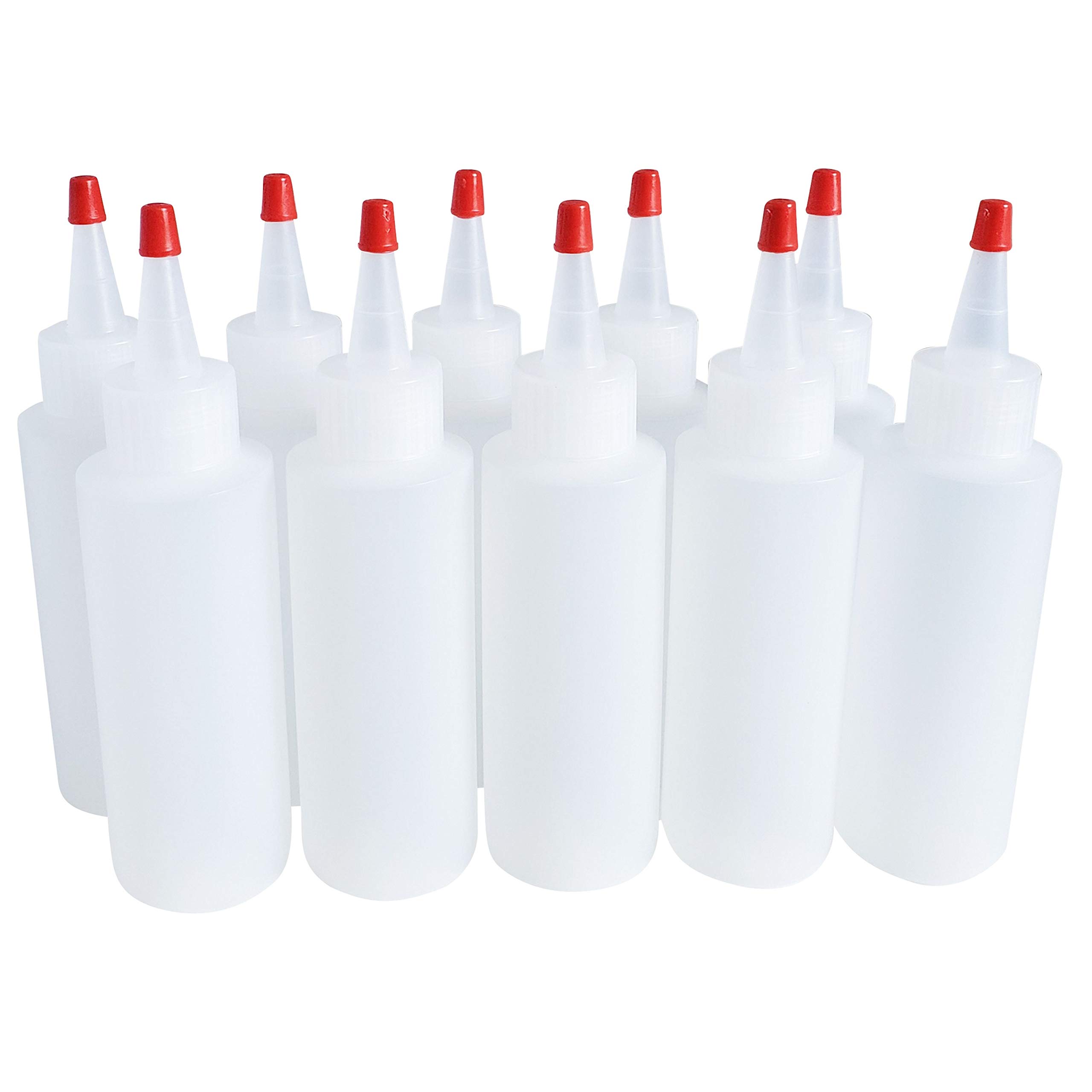 kelkaa 4oz HDPE Durable Plastic Squeeze Bottles with Yorker Red Cap Natural Clear Bottles for Food, Crafts, Any DIY Liquid Products, Multi Purpose Refillable Bottles (Pack of 10)