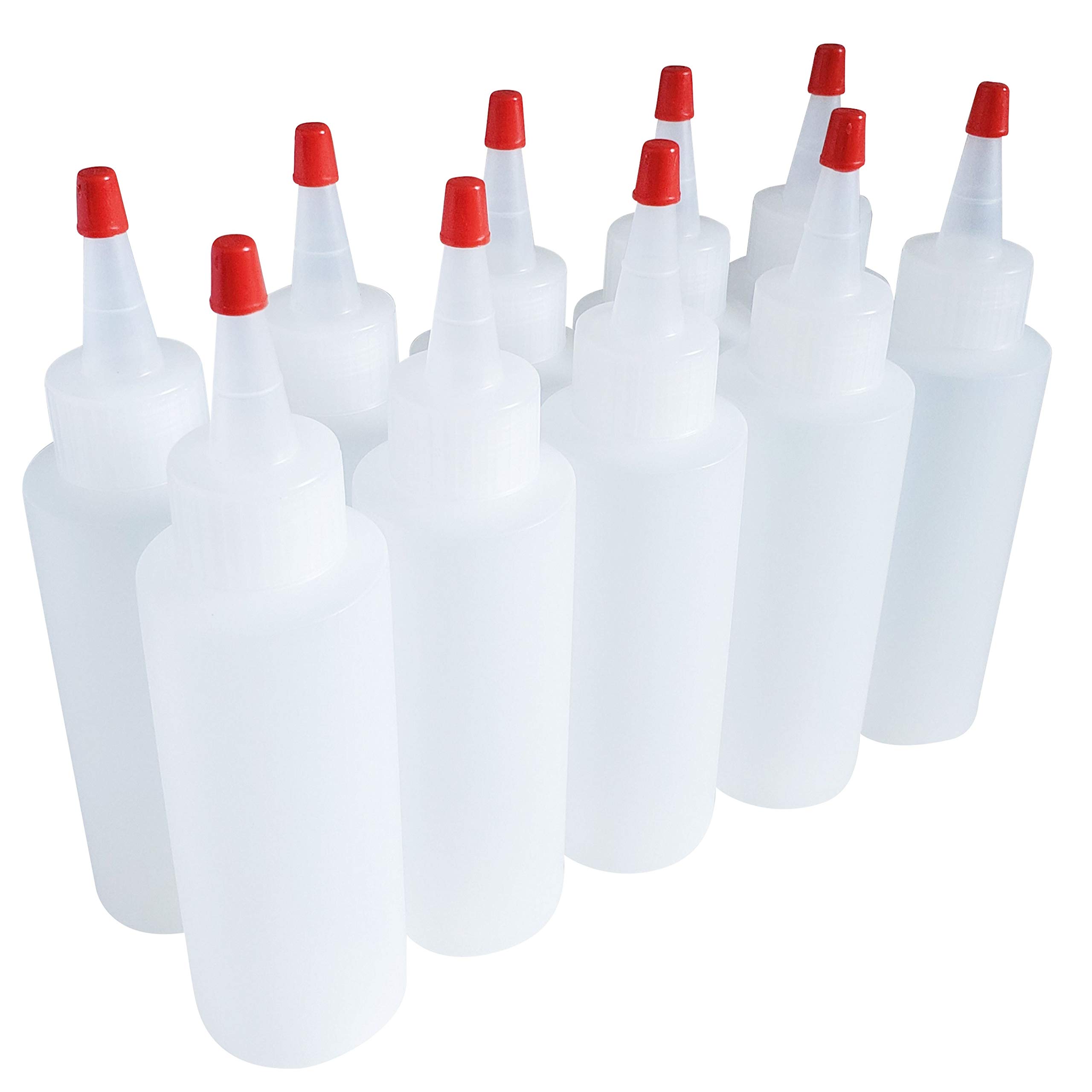 kelkaa 4oz HDPE Durable Plastic Squeeze Bottles with Yorker Red Cap Natural Clear Bottles for Food, Crafts, Any DIY Liquid Products, Multi Purpose Refillable Bottles (Pack of 10)