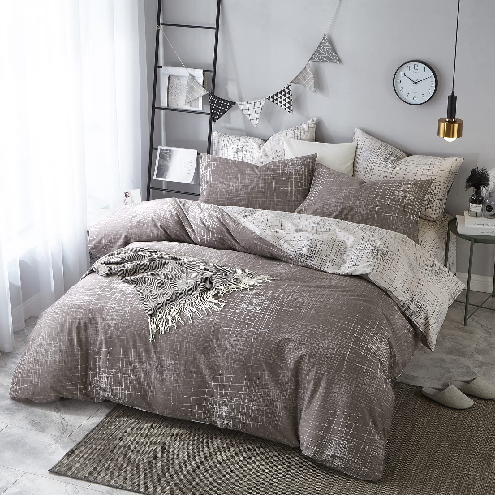 VM VOUGEMARKET King Duvet Cover Gray brown,Reversible Abstract Duvet Cover Set with Zipper,100% Cotton-Hotel Quality Modern Men/Women bedding Set-King,Artwork