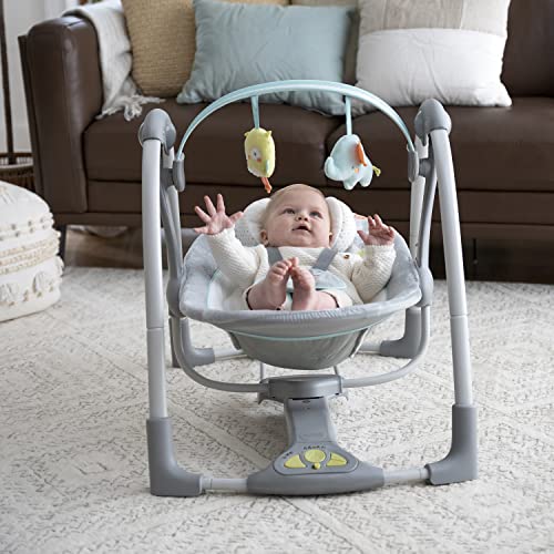 Ingenuity 5-Speed Portable Baby Swing with Music, Nature Sounds & Battery-Saving Technology - Hugs & Hoots, Swing 'n Go, 0-9 Months