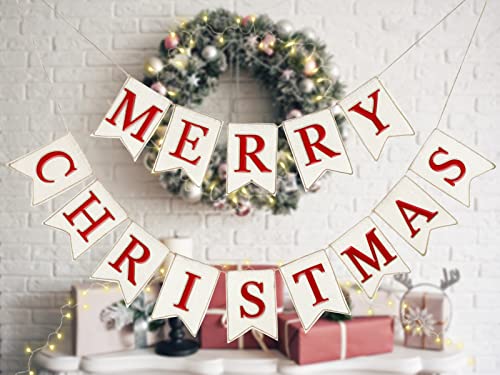 Whaline Christmas Burlap Banner Felt Merry Christmas Banner Pre-Assembled White Red Xmas Bunting Garland Celebration Hanging Decorations for Christmas Party Supplies Home Decoration