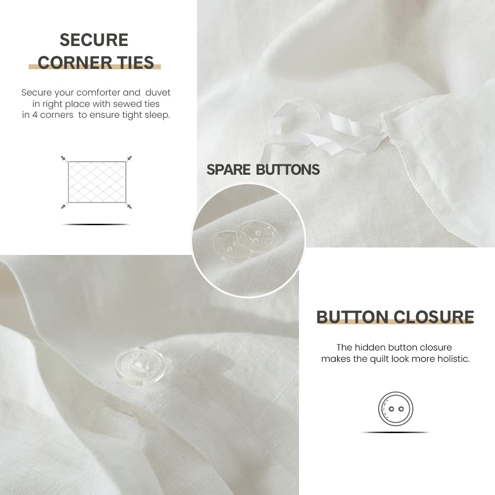 Simple&Opulence 100% Linen Duvet Cover Set 3pcs Basic Style Natural French Washed Flax Solid Color Soft Breathable Farmhouse Bedding with Button Closure - White, Queen