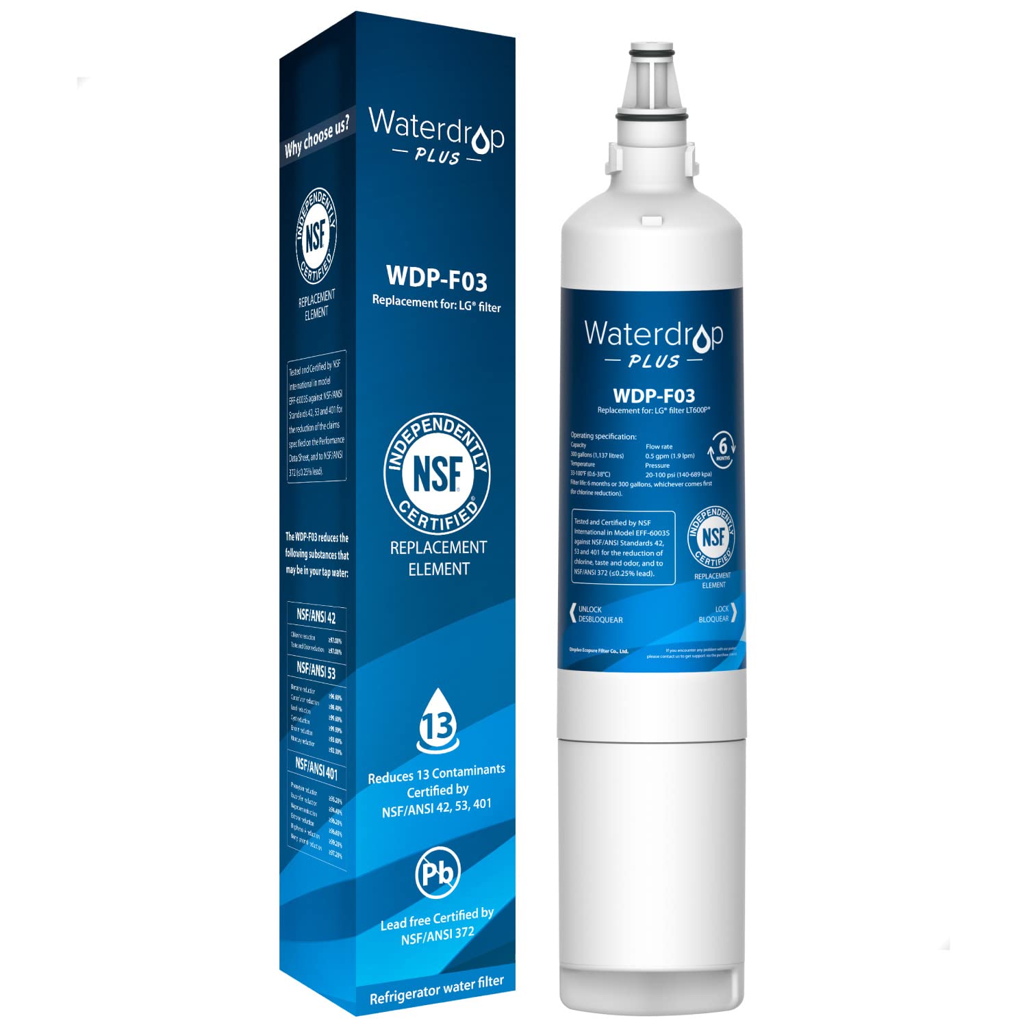 Waterdrop Plus 5231JA2006A NSF 401&53 Certified, Replacement for LG® LT600P®, KENMORE® 9990, 46-9990, WFC2001, LFX25960ST, rwf1000a Refrigerator Water Filter (Package May Vary)