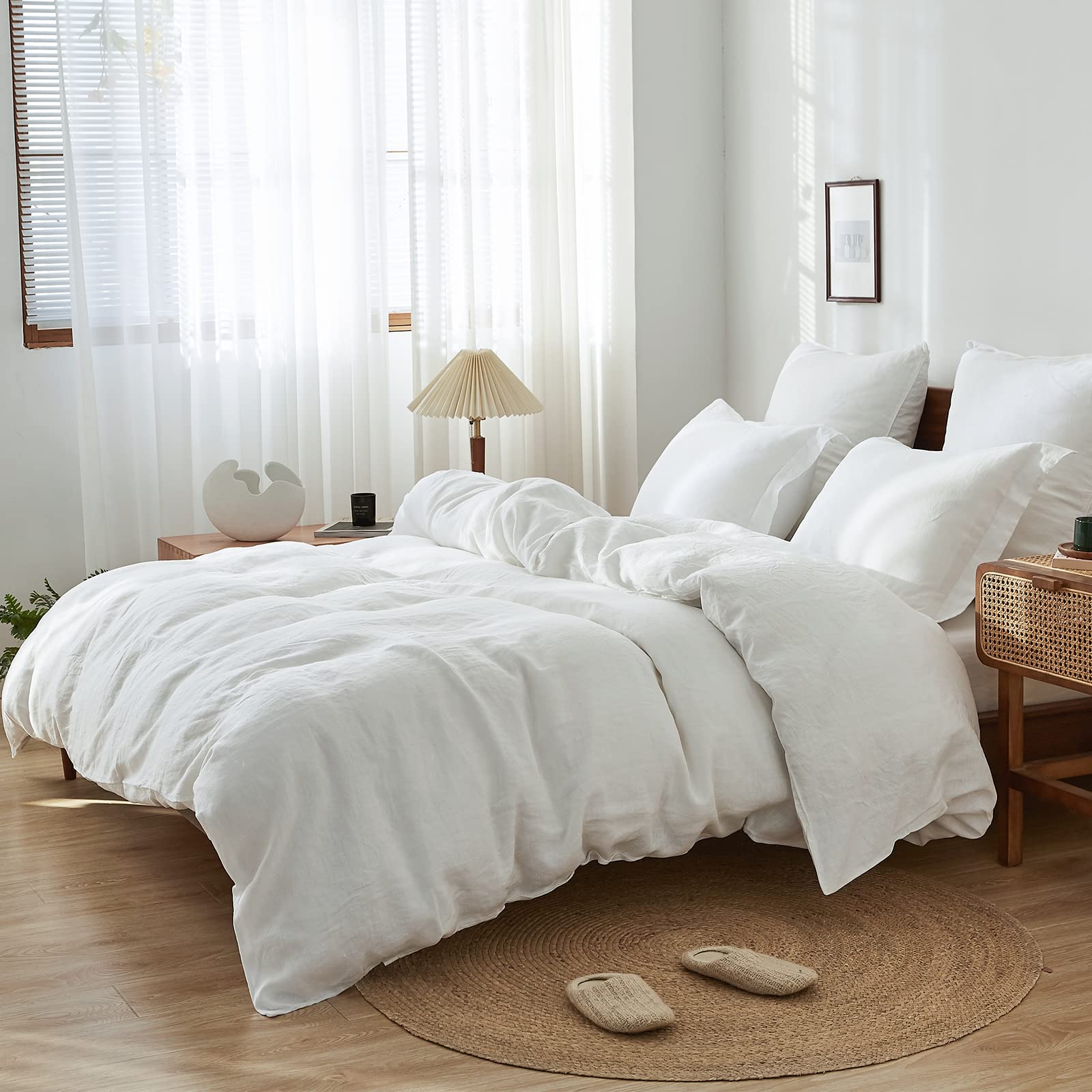 Simple&Opulence 100% Linen Duvet Cover Set 3pcs Basic Style Natural French Washed Flax Solid Color Soft Breathable Farmhouse Bedding with Button Closure - White, Queen
