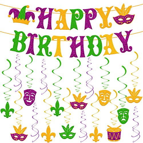 Mardi Gras Birthday Decoration Carnival Happy Birthday Banner Glitter Green Gold Purple Hanging Swirls Decor Fat Tuesday New Orleans Masquerade fleur de lis Theme Festival Party Supplies