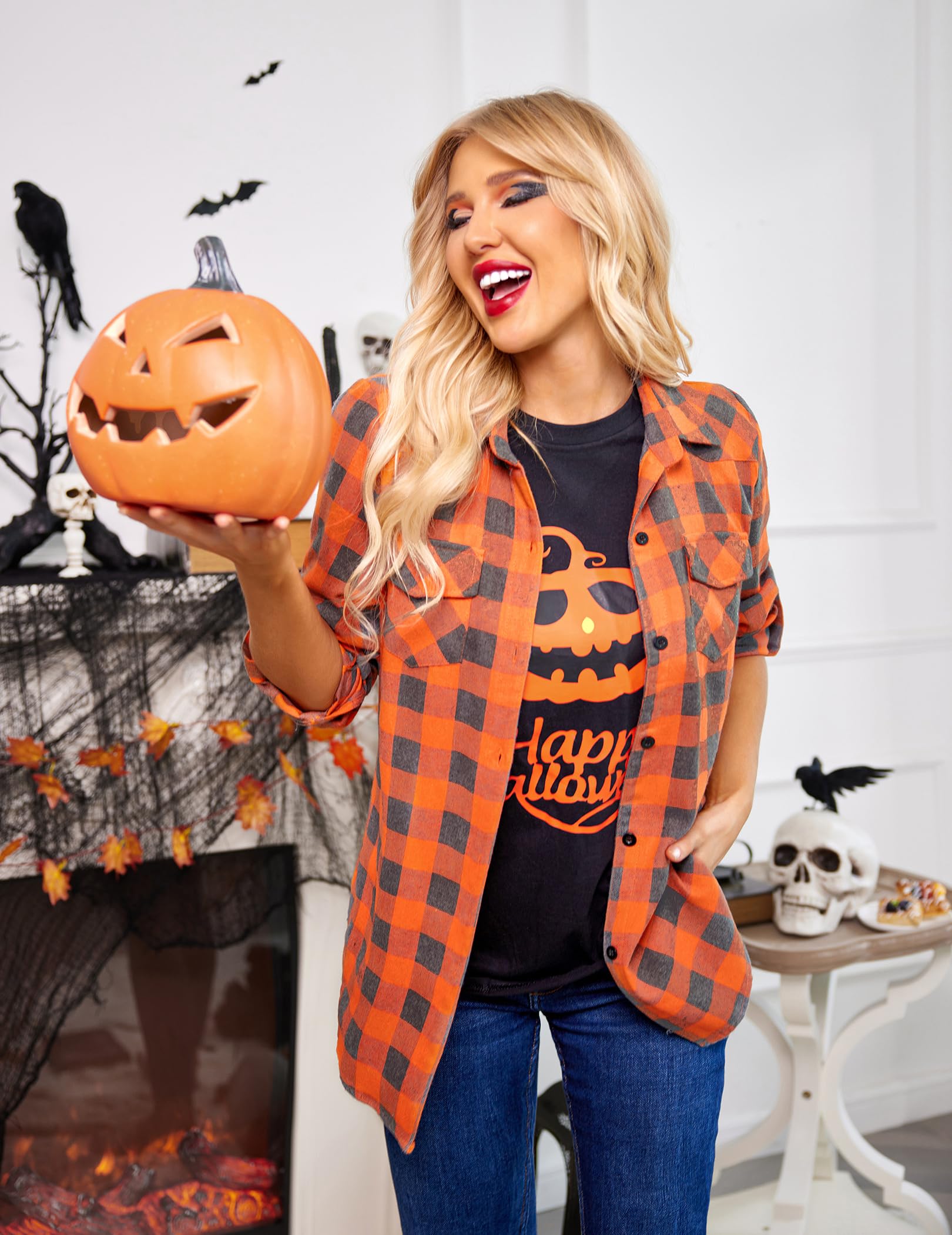 Zeagoo Womens Tartan Plaid Flannel Shirts, Roll up Sleeve Casual Boyfriend Button Down Gingham Checkered Shirt, Orange, X-Large