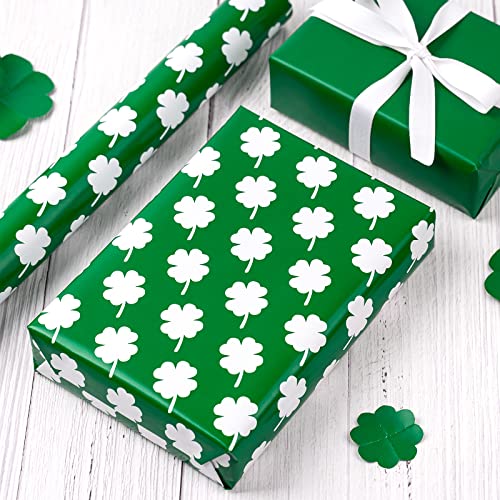 WRAPAHOLIC Reversible Wrapping Paper - Mini Roll - 17 Inch X 33 Feet - St. Patrick Green and White Lucky Clovers Design for Celebration, Baby Shower