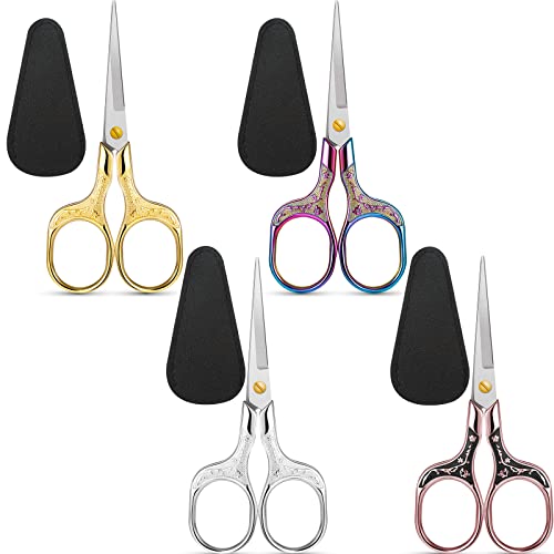 Set of 4 Embroidery Scissors Small Scissors Colorful Small Vintage Craft Scissors Professional Precision Shear Scissors Classic Sewing Scissors with Leather Scissors Cover for DIY Craft Art Work