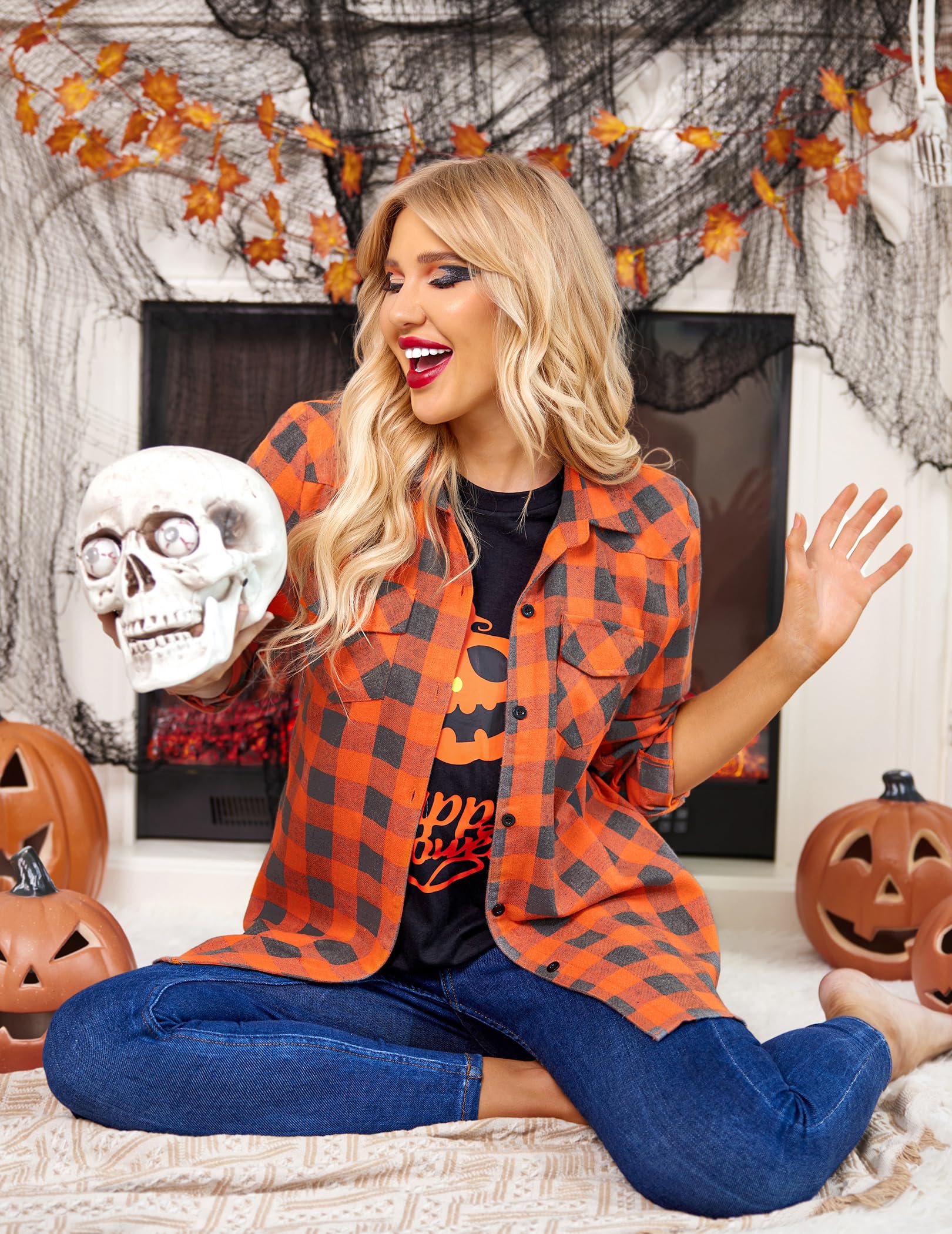 Zeagoo Womens Tartan Plaid Flannel Shirts, Roll up Sleeve Casual Boyfriend Button Down Gingham Checkered Shirt, Orange, X-Large