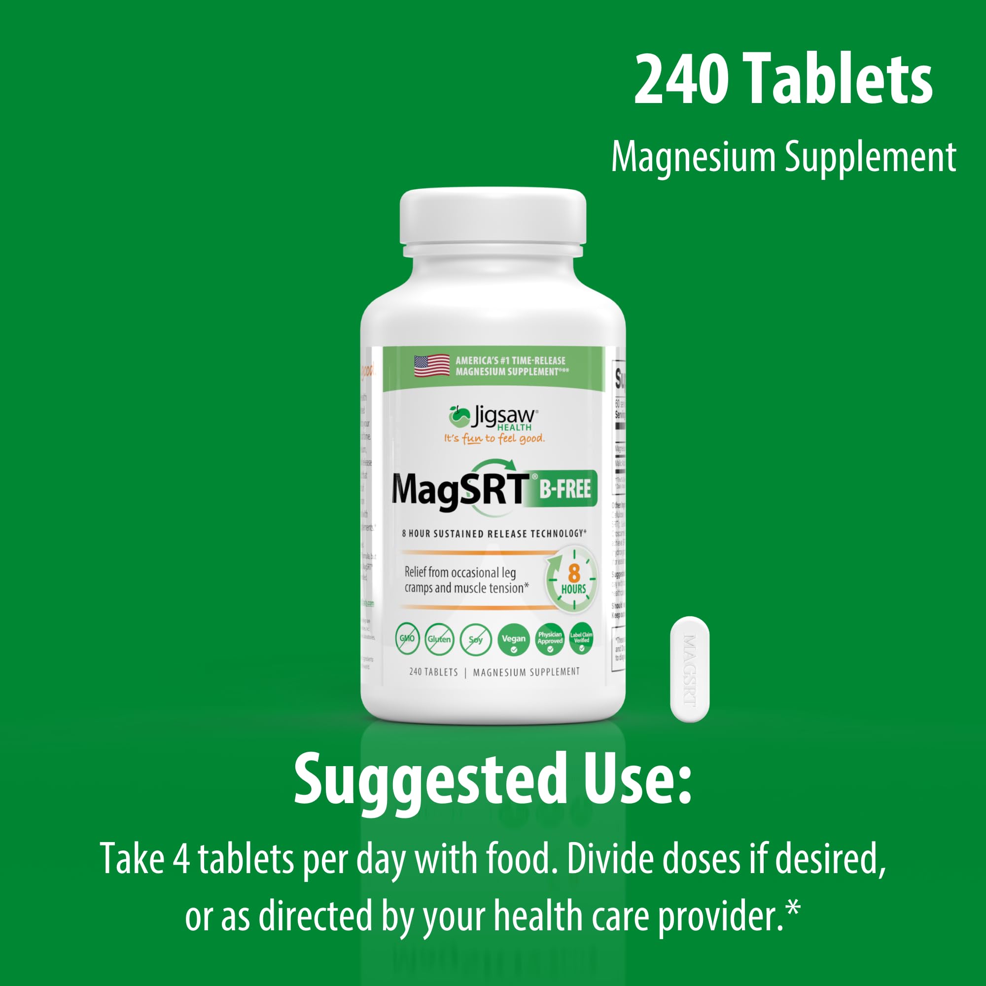 Jigsaw Health MagSRT (B-Free) | Premium, Organic, Slow Release Magnesium Supplement | Active, Bioavailable Magnesium Malate Tablets | 240 Tablets | 60 Servings