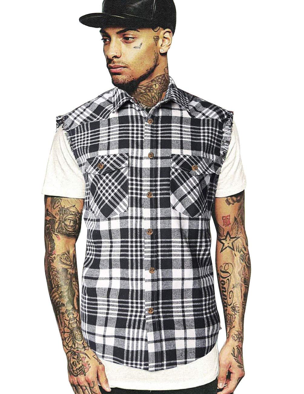 NUTEXROL Men's Casual Flannel Plaid Shirt Sleeveless Cotton Plus Size Vest X-Large Black and white