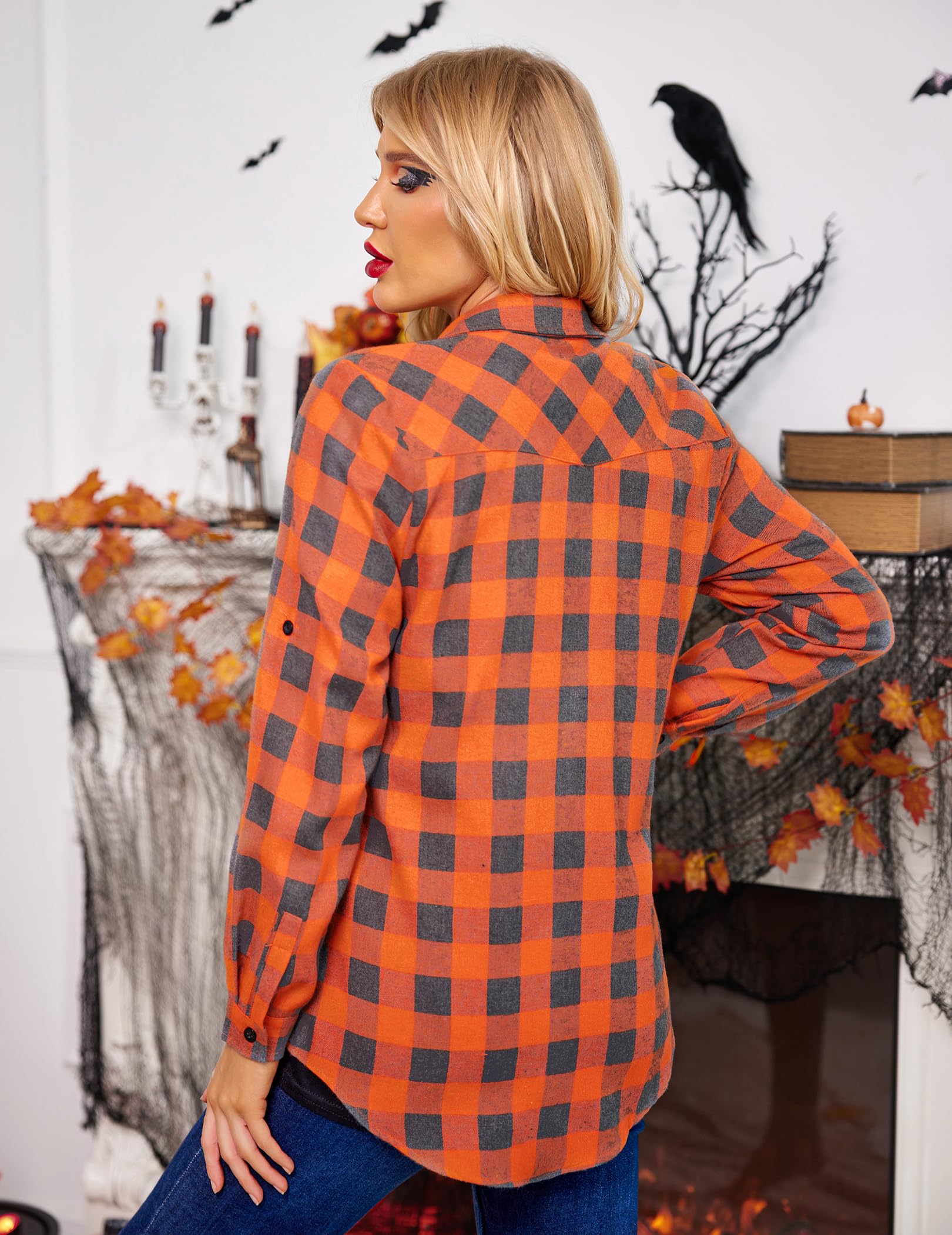 Zeagoo Womens Tartan Plaid Flannel Shirts, Roll up Sleeve Casual Boyfriend Button Down Gingham Checkered Shirt, Orange, X-Large