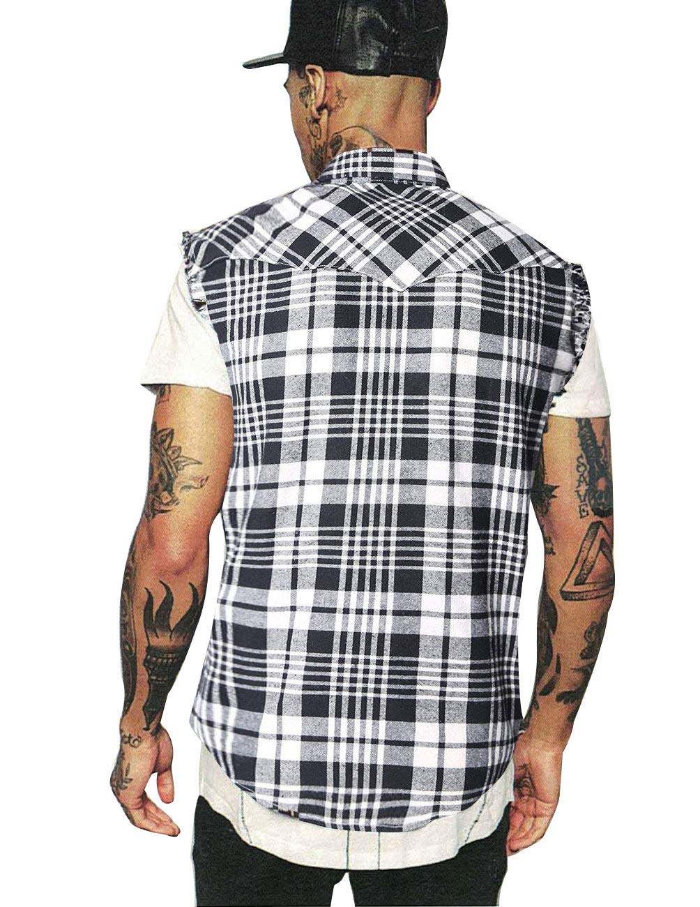 NUTEXROL Men's Casual Flannel Plaid Shirt Sleeveless Cotton Plus Size Vest X-Large Black and white