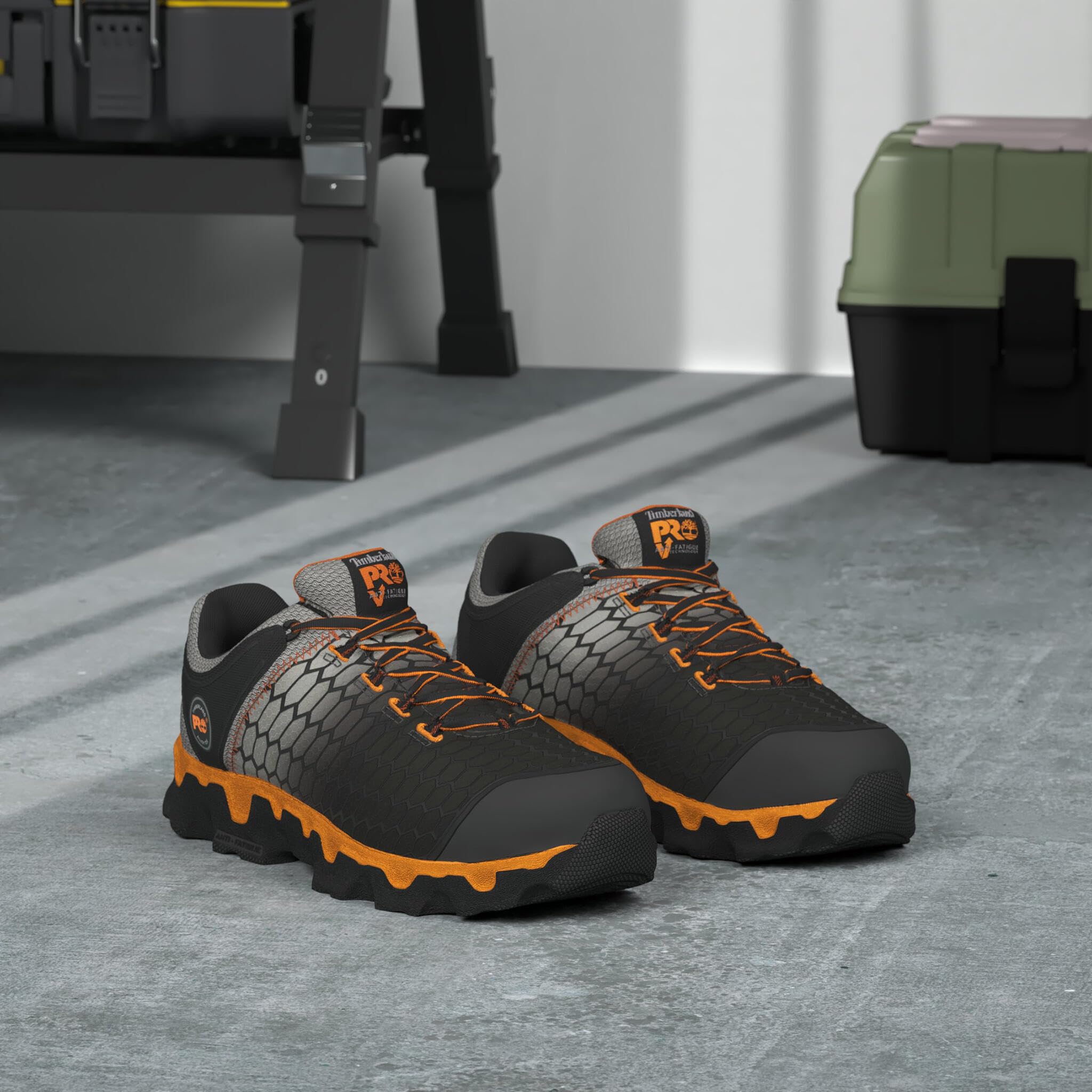 Timberland PRO Men's Powertrain Sport Alloy Safety Toe Static Dissipative Industrial Athletic Work Shoe Boot, Black/Grey/Orange, 13 Wide