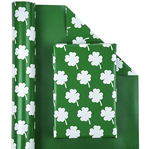 WRAPAHOLIC Reversible Wrapping Paper - Mini Roll - 17 Inch X 33 Feet - St. Patrick Green and White Lucky Clovers Design for Celebration, Baby Shower