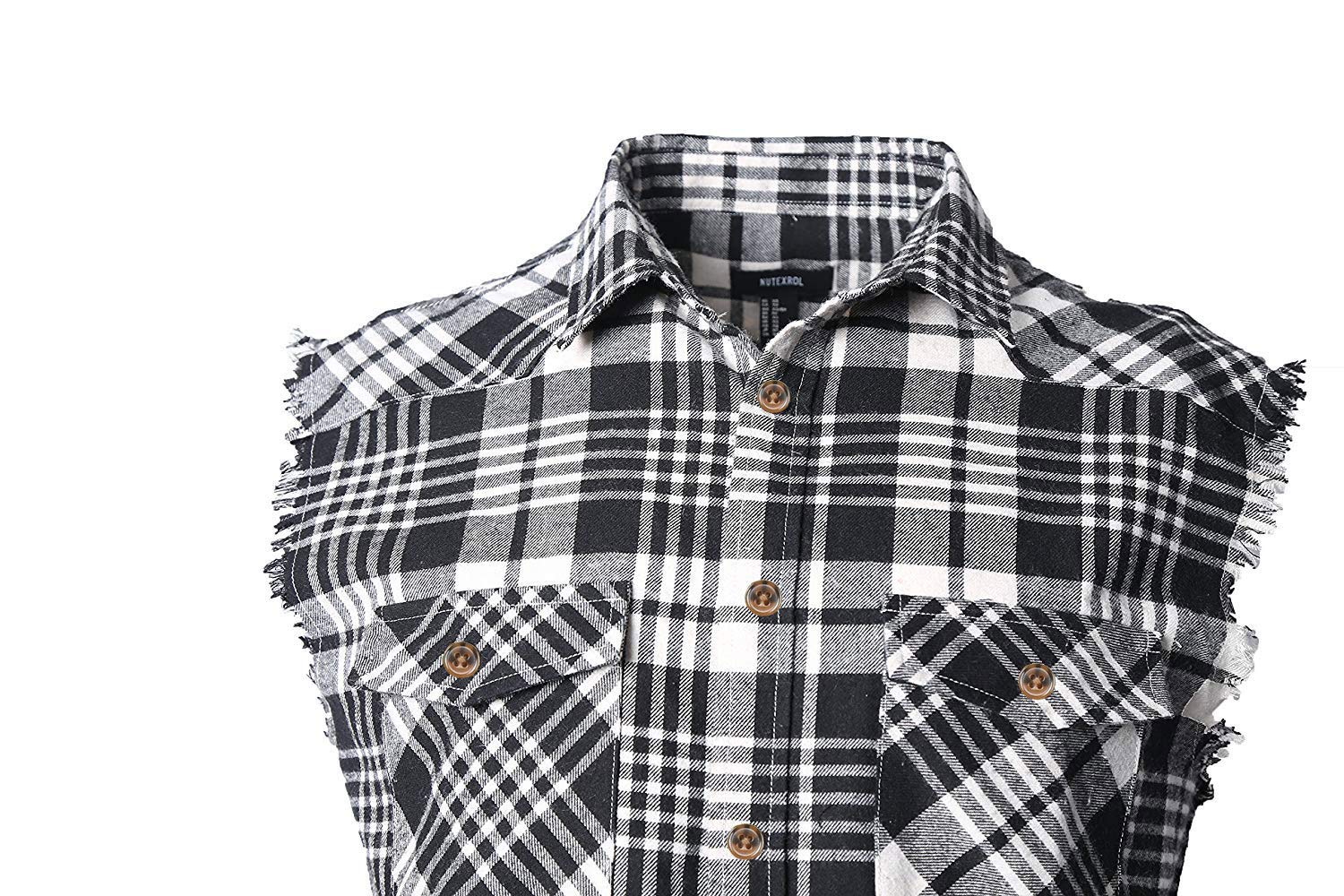 NUTEXROL Men's Casual Flannel Plaid Shirt Sleeveless Cotton Plus Size Vest X-Large Black and white