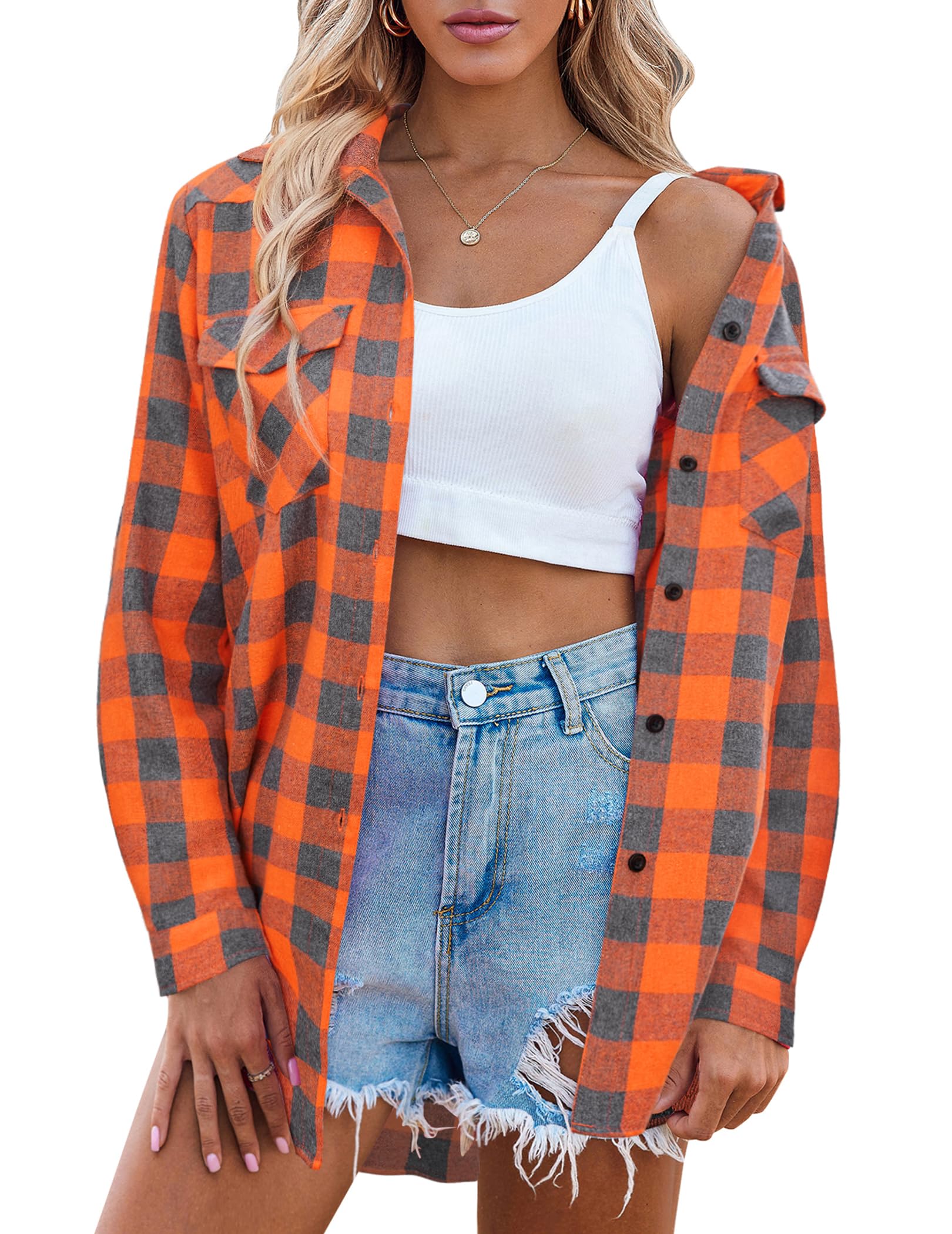 Zeagoo Womens Tartan Plaid Flannel Shirts, Roll up Sleeve Casual Boyfriend Button Down Gingham Checkered Shirt, Orange, X-Large