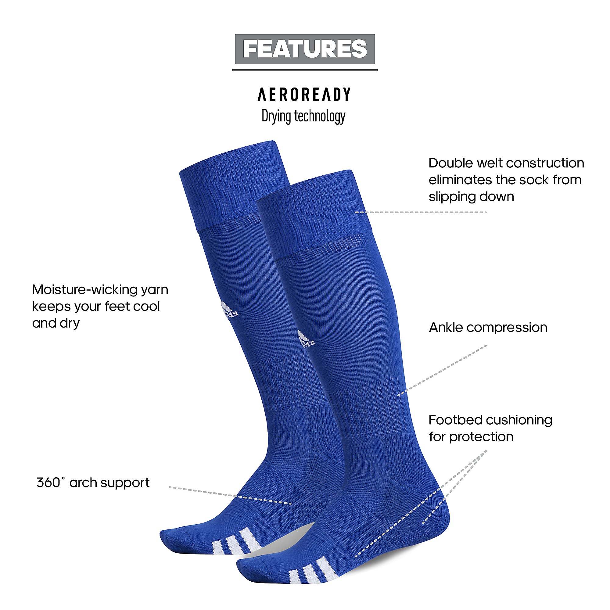 adidas Rivalry Field Socks, Multi-Sport Team Accessories Over-The-Calf, Men Women (2 Pairs), Royal Blue/White, Large