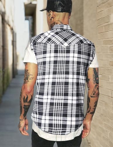 NUTEXROL Men's Casual Flannel Plaid Shirt Sleeveless Cotton Plus Size Vest X-Large Black and white