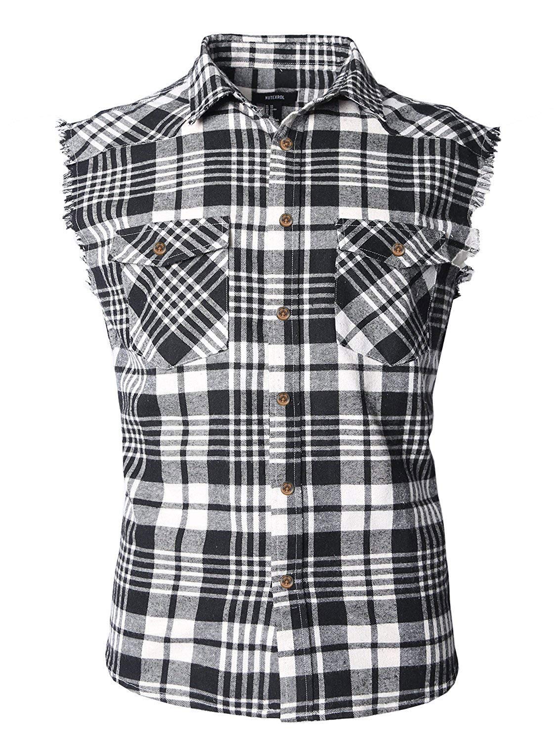 NUTEXROL Men's Casual Flannel Plaid Shirt Sleeveless Cotton Plus Size Vest X-Large Black and white