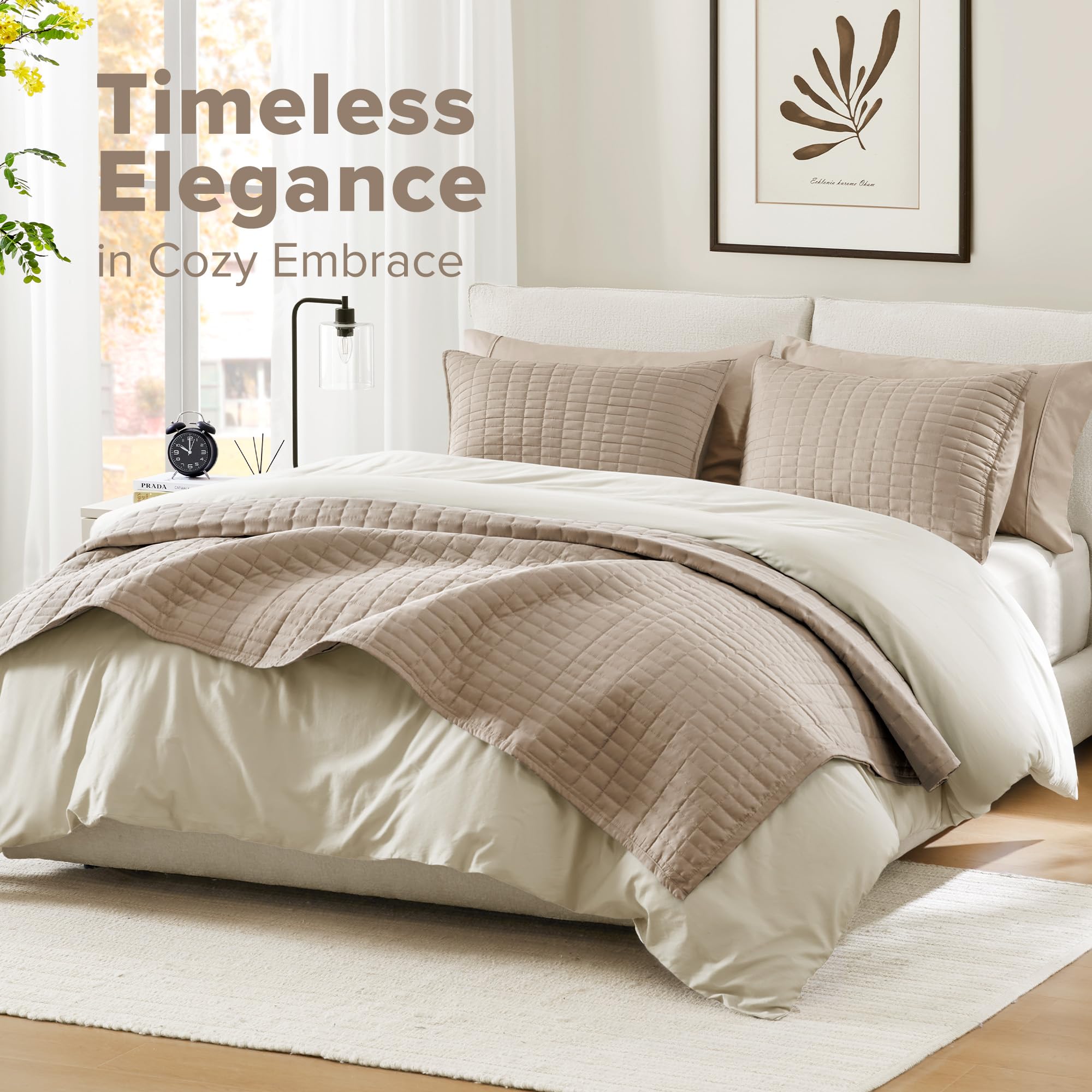 Comfort Spaces Kienna Quilt Set-Luxury Double Sided Stitching Design Summer Blanket, Lightweight, Soft, All Season Bedding Layer, Matching Sham, Taupe, Coverlet Full/Queen(90"x90") 3 Piece