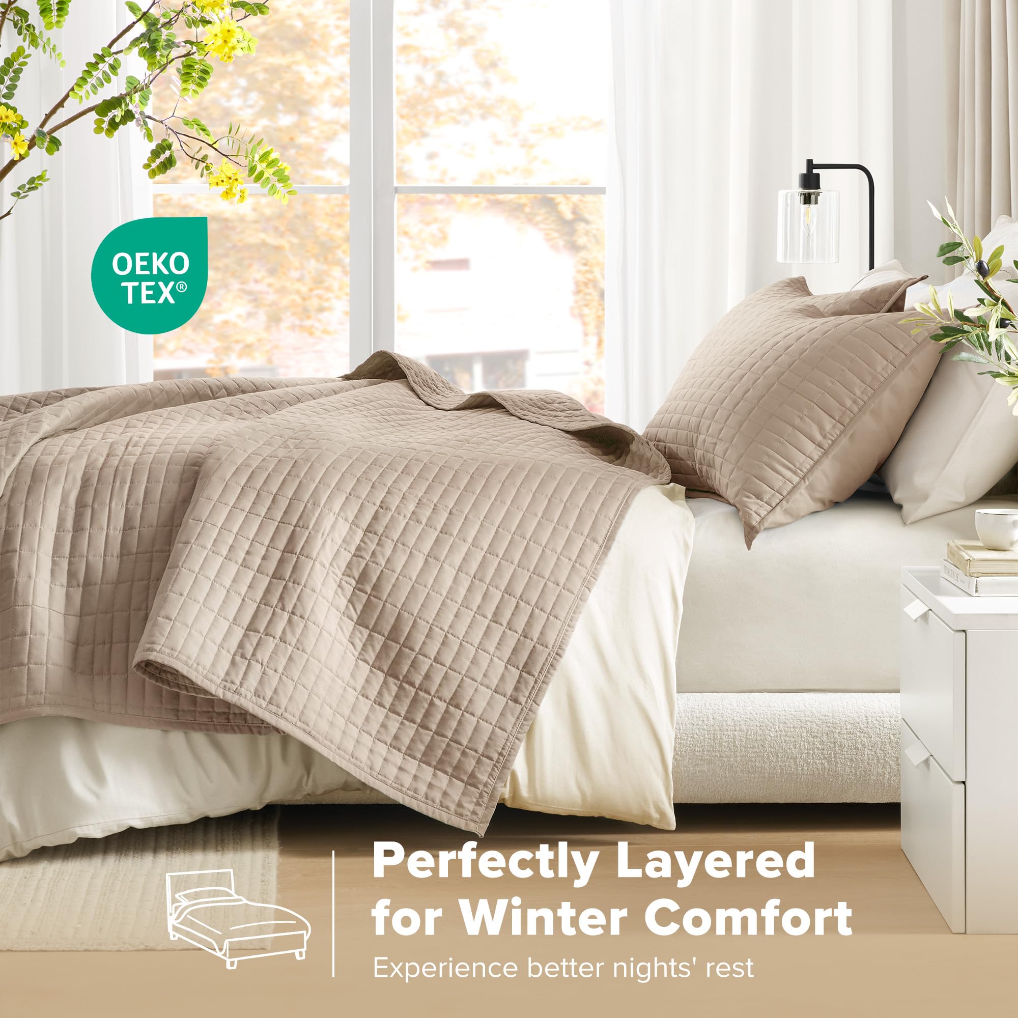 Comfort Spaces Kienna Quilt Set-Luxury Double Sided Stitching Design Summer Blanket, Lightweight, Soft, All Season Bedding Layer, Matching Sham, Taupe, Coverlet Full/Queen(90"x90") 3 Piece