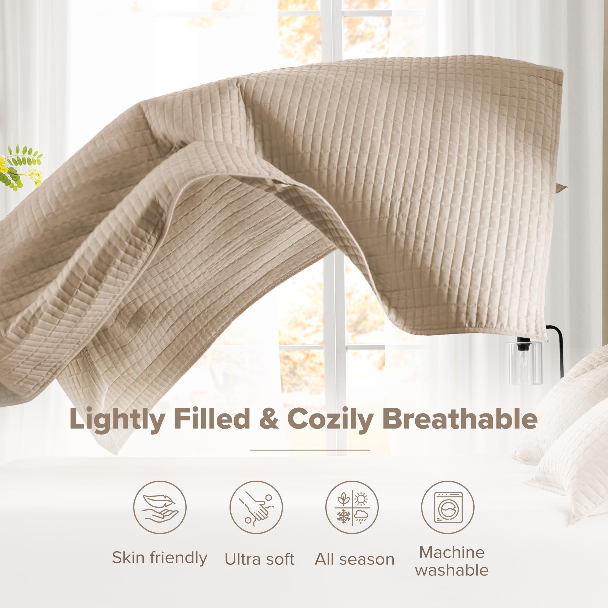 Comfort Spaces Kienna Quilt Set-Luxury Double Sided Stitching Design Summer Blanket, Lightweight, Soft, All Season Bedding Layer, Matching Sham, Taupe, Coverlet Full/Queen(90"x90") 3 Piece
