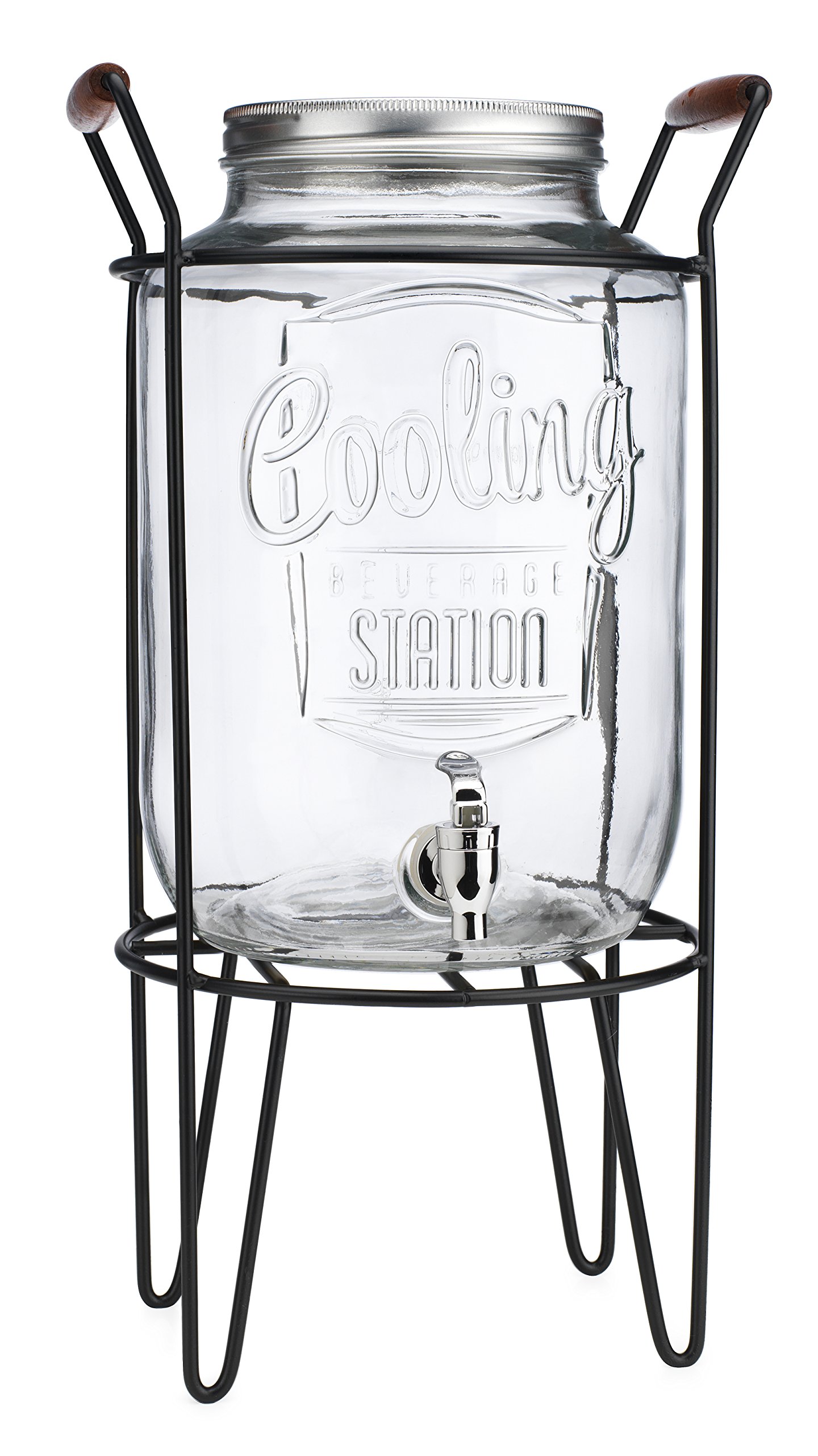 Embossed Cooling Station 2 Gallon Clear Glass Ice Cold Beverage Dispenser Mason Jar With Screw Lid, Spigot & Metal Caddy Stand- Wide Mouth For Easy Filling For Outdoors Parties & Daily Use