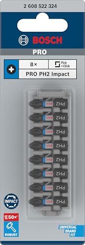 Bosch 2608522324 Screwdriver Bit Set, 8 Pieces, Hex Shaft 0.25 inches (6.35 mm), Groove Shank 0.4 inches (9 mm), PH2 x 25 mm)