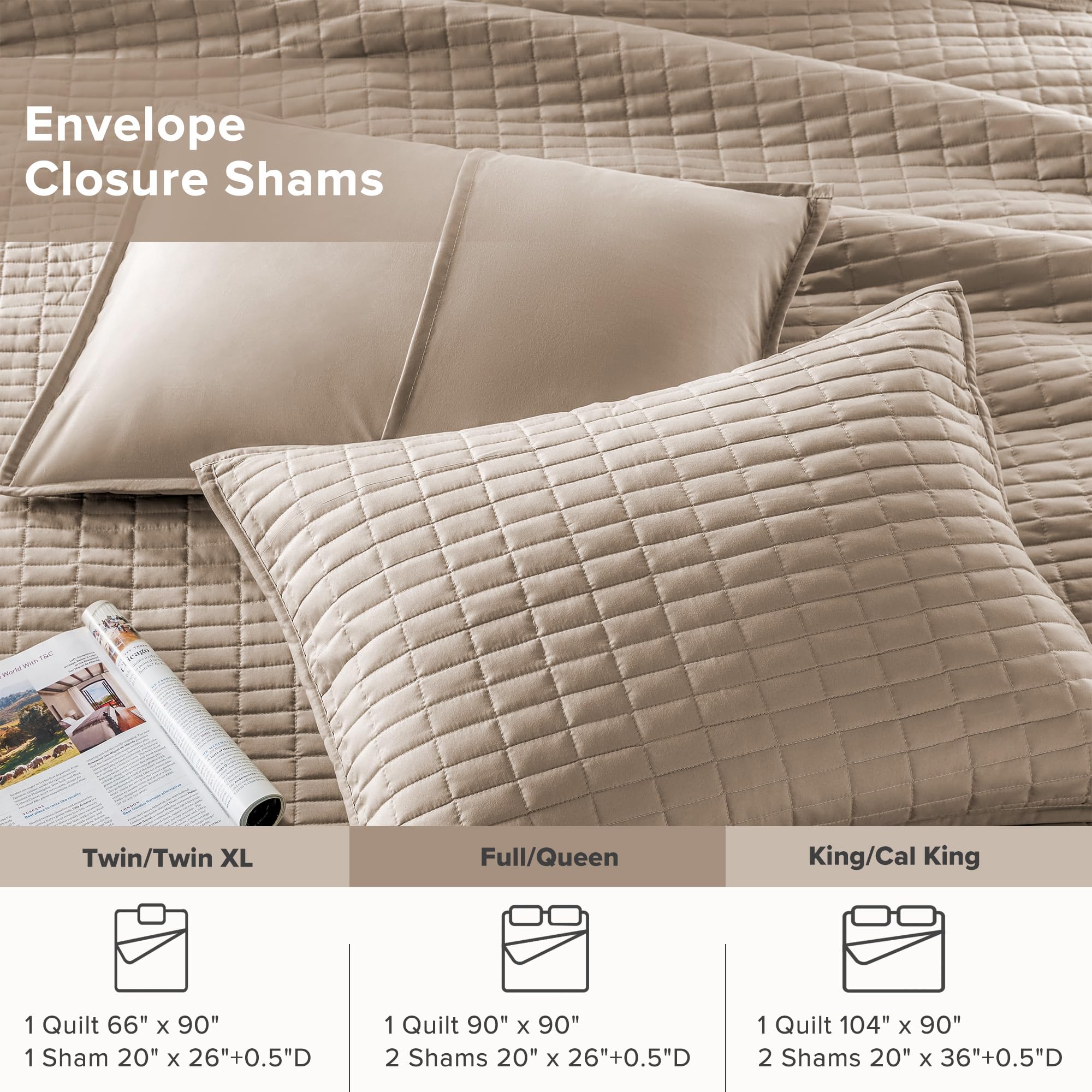 Comfort Spaces Kienna Quilt Set-Luxury Double Sided Stitching Design Summer Blanket, Lightweight, Soft, All Season Bedding Layer, Matching Sham, Taupe, Coverlet Full/Queen(90"x90") 3 Piece
