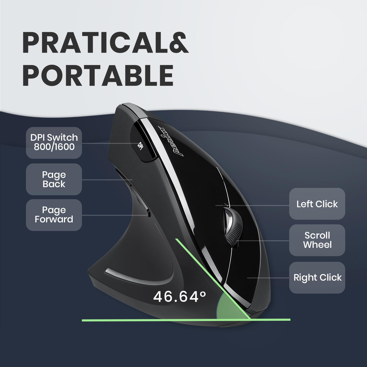 Perixx PERIMICE-713L, Wireless Ergonomic Left Handed Vertical Mouse, 6 Buttons Design, 3 Level DPI, Black, Medium