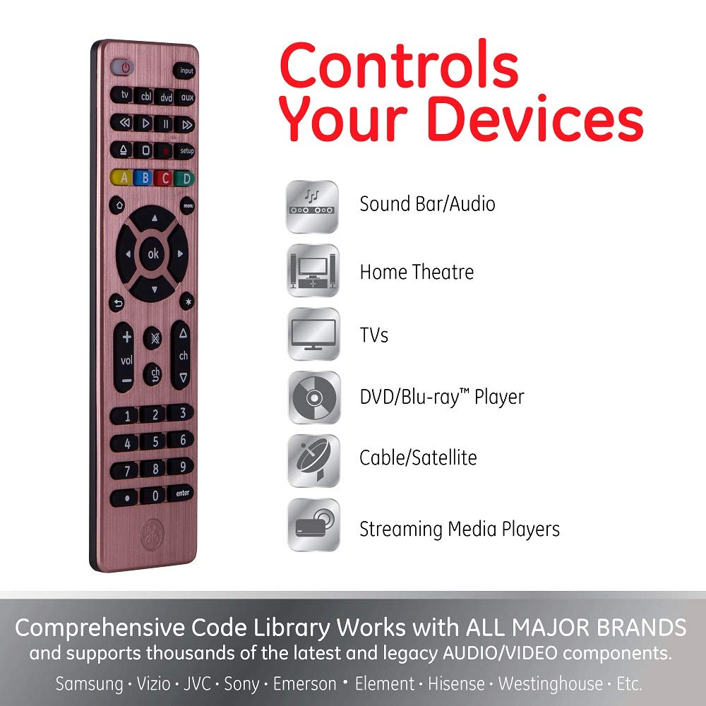 GE Universal Remote Control for Samsung, Vizio, LG, Sony, TCL, Roku, Apple TV, TCL, Panasonic, Smart TVs, Streaming Players, Blu-ray, DVD, 4-Device, Rose, 32934