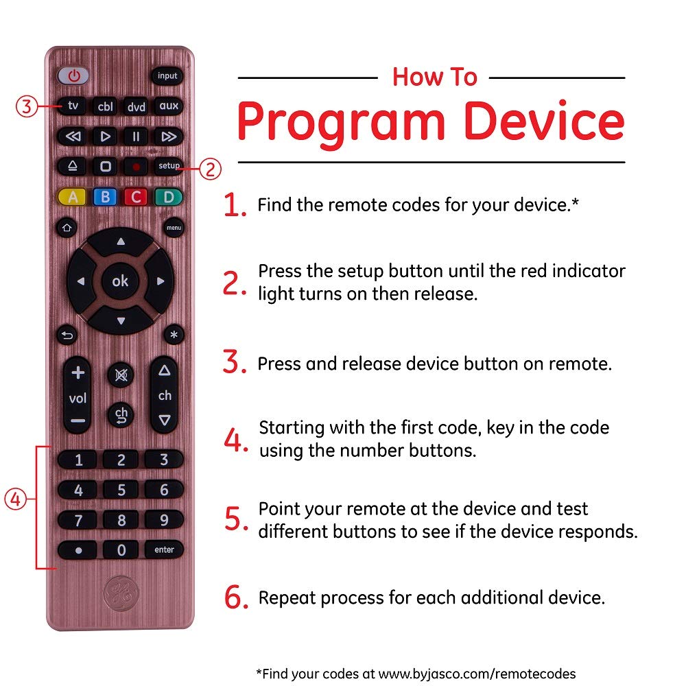 GE Universal Remote Control for Samsung, Vizio, LG, Sony, TCL, Roku, Apple TV, TCL, Panasonic, Smart TVs, Streaming Players, Blu-ray, DVD, 4-Device, Rose, 32934