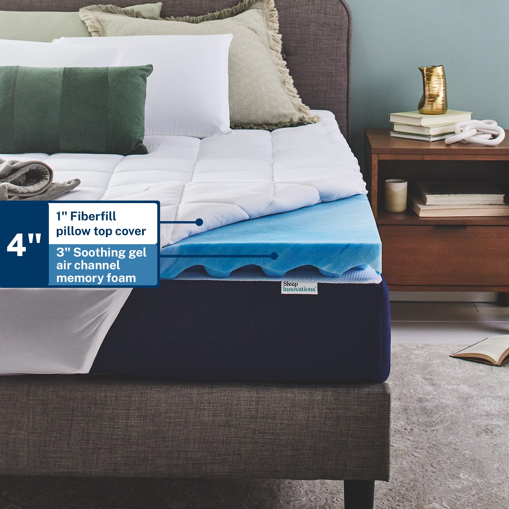 Sleep Innovations Dual Layer 4 Inch Memory Foam Mattress Topper, California King Size, Ultra Soft Support, 3 Inch Cooling Gel Memory Foam Plus 1 Inch Fluffy Pillow Top Cover