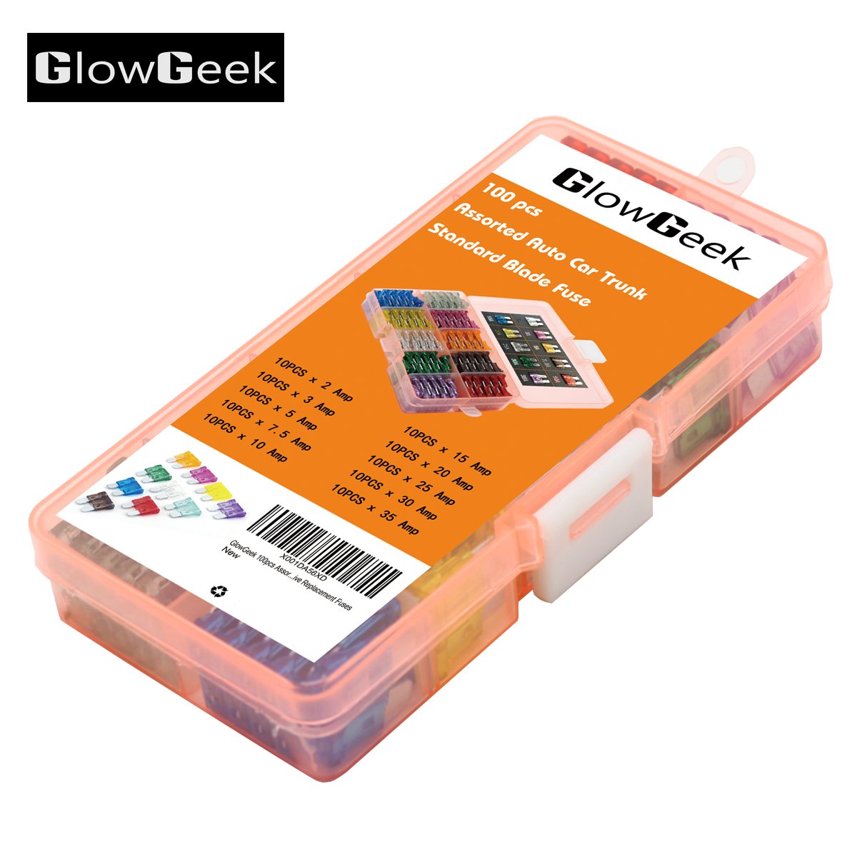 GlowGeek 100pcs Assorted Auto Car Truck Standard Blade Fuse Assortment 2A 3A 5A 7.5 A 10A 15A 20A 25A 30A 35A Car Boat Truck SUV Automotive Replacement Fuses