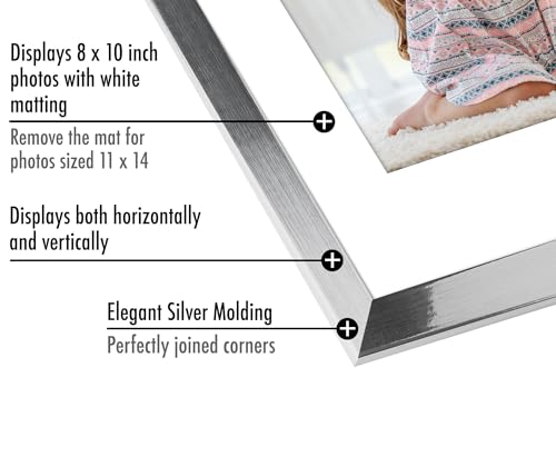 Americanflat 11x14 Picture Frame with Polished Crystal-Clear Glass - Use as 8x10 Frame with Mat or 11x14 Frame Without Mat - Signature Collection - Photo Frame for Wall Display - Silver