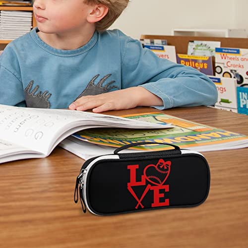 I Love Softball PU Leather Pencil Pen Case Organizer Travel Makeup Handbag Portable Stationery Bag