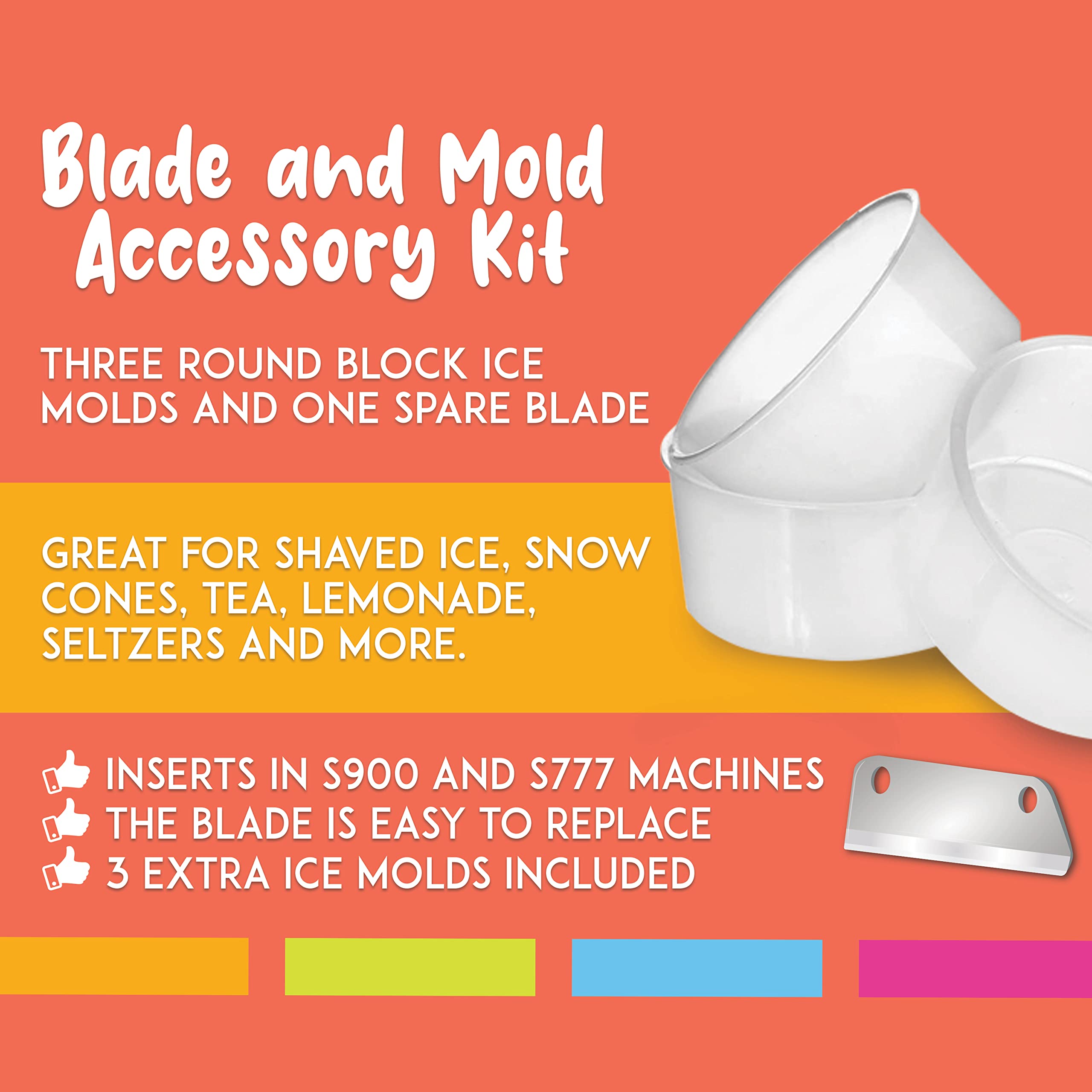 Hawaiian Shaved Ice Accessory Kit for S900A Shaved Ice Machine, with Stainless Steel Replacement Blade (2” x ⅛” x ⅞”) and 3 Food-Grade BPA-Free Plastic Round Block Ice Cups 4” Diameter, 1.9” Height