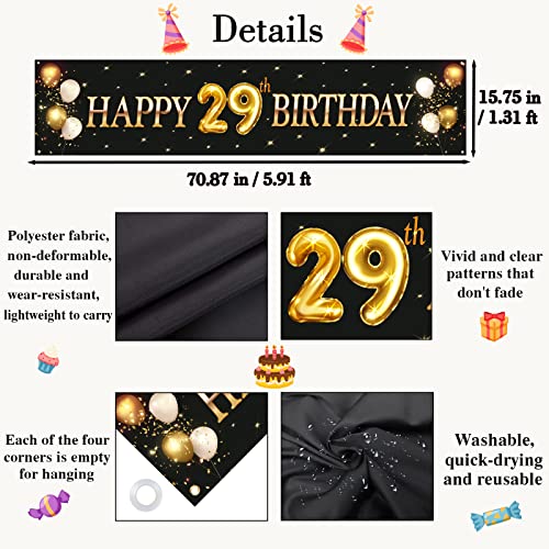 Kimini-Ki Happy 29th Birthday Banner, Lager 29th Birthday Banner Backdrops, 29th Years Old Decor, 29th Birthday Party Decorations for Men or Women - Black and Gold (29th)