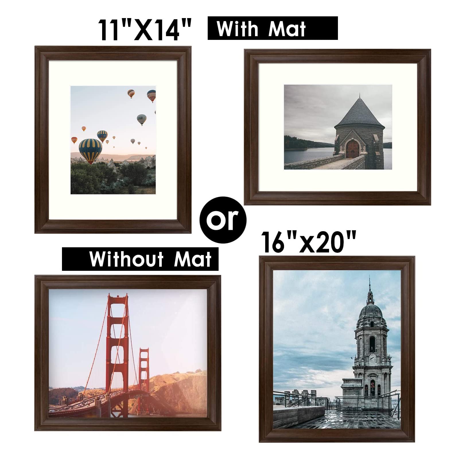 Golden State Art, 16x20 Brown Border Photo Frame, with Ivory Mat for 11x14 Picture & Real Glass