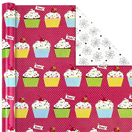 Hallmark Reversible Wrapping Paper Bundle (3 Rolls - 75 sq. ft. ttl: "Happy Birthday," Cupcakes, Stripes, Flowers, Polka Dots) in Yellow, Pink, Teal Blue, Black and White for Baby, Bridal, Birthdays