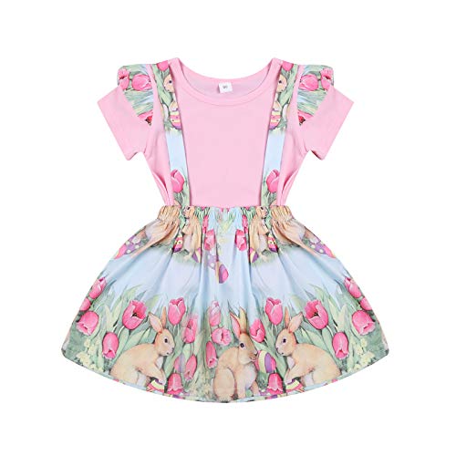 Toddler Kids Baby Girls Easter Outfits Ruffle Short Sleeve T-Shirt Top + Bunny Print Suspender Strap Skirt Outfit Overall Skirt Set (Pink, 12-18 Months)
