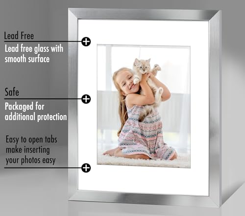 Americanflat 11x14 Picture Frame with Polished Crystal-Clear Glass - Use as 8x10 Frame with Mat or 11x14 Frame Without Mat - Signature Collection - Photo Frame for Wall Display - Silver