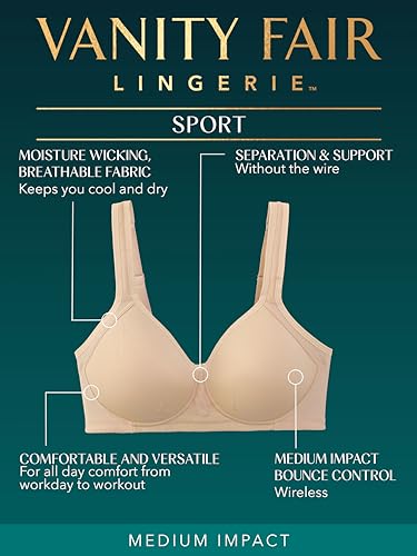 Vanity Fair Womens Medium Impact Sports For Breathable, Moisture Wicking, Padded Cups Up To Ddd Bra, Wireless - Neutral, 44C US