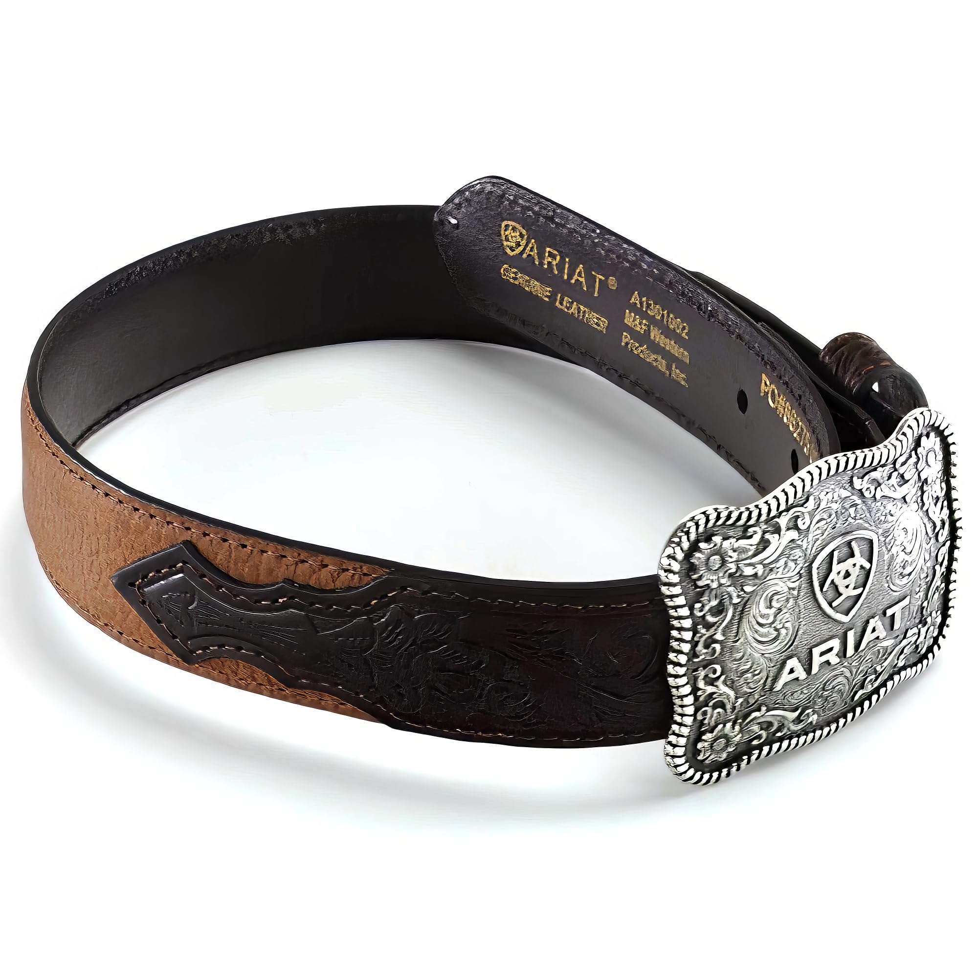 ARIAT Youth Boys Western Distressed Leather Floral Accented Belt, Brown, 26