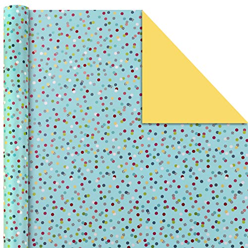 Hallmark Reversible Wrapping Paper Bundle (3 Rolls - 75 sq. ft. ttl: "Happy Birthday," Cupcakes, Stripes, Flowers, Polka Dots) in Yellow, Pink, Teal Blue, Black and White for Baby, Bridal, Birthdays