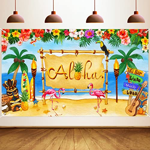 TREWAVE Large Hawaiian Aloha Party Decoration, Tropical Luau Party Backdrop, Summer Beach Photography Background, Hawaiian Party Baby Shower Tiki Themed Birthday Banner Wall Decor, 72.8 x 43.3 Inch