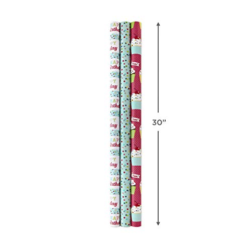 Hallmark Reversible Wrapping Paper Bundle (3 Rolls - 75 sq. ft. ttl: "Happy Birthday," Cupcakes, Stripes, Flowers, Polka Dots) in Yellow, Pink, Teal Blue, Black and White for Baby, Bridal, Birthdays