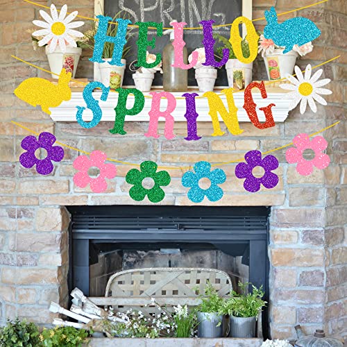 Hello Spring Banner, Spring Banner Garland, Spring Decorations for the Home, Spring Easter Theme Party Decorations, Spring Flower Banner Garland, Indoor Outdoor Mantel Fireplace Hanging Decor
