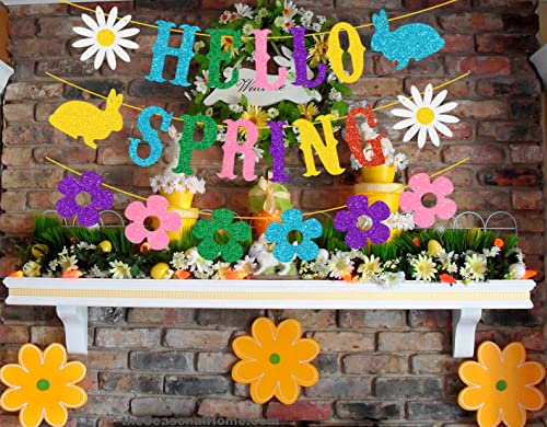 Hello Spring Banner, Spring Banner Garland, Spring Decorations for the Home, Spring Easter Theme Party Decorations, Spring Flower Banner Garland, Indoor Outdoor Mantel Fireplace Hanging Decor